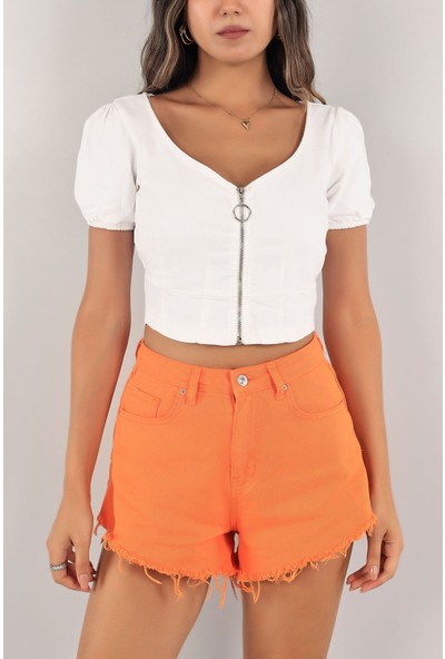 Mia Stile Beyaz Kadın Fermuarlı Gabardin Bluz 174735