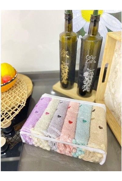 Senem Neyiş Ponponlu ve Nakışlı Kalpli Mutfak Havlusu 30 x 50 6'lı Şeffaf Hurçlu