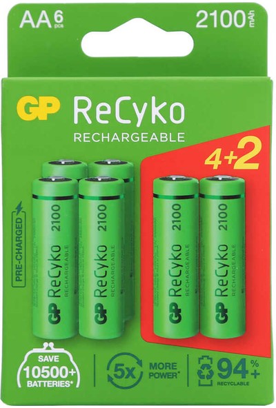 Gp Batteries Recyko 2100 Aa Kalem Ni-Mh Şarjlı Pil, 1.2 Volt, 6'lı Kart