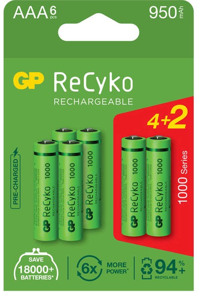 Gp Batteries Recyko 1000 Aaa Ince Kalem Ni-Mh Şarjlı Pil, 1.2 Volt, 6'lı Kart Gp Batteries Recyko 1000 Aaa Ince Kalem Ni-Mh Şarjlı Pil, 1.2 Volt, 6'lı Kart