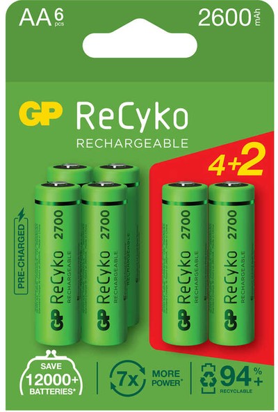 Gp Batteries Recyko 2700 Aa Kalem Ni-Mh Şarjlı Pil, 1.2 Volt, 6'lı Kart Gp Batteries Recyko 2700 Aa Kalem Ni-Mh Şarjlı Pil, 1.2 Volt, 6'lı Kart