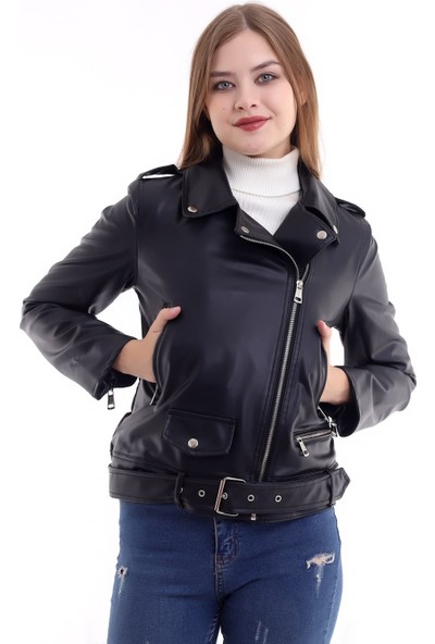 Docces Süs Cepli Kemerli Kadın Deri Ceket Mont Siyah DCSB7507S Docces Süs Cepli Kemerli Kadın Deri Ceket Mont Siyah DCSB7507S