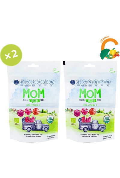 Mom 2'li Organik Lolipop (Çilek, Karpuz, Yaban Mersini ve C Vitamini) 20 Adet Mom 2'li Organik Lolipop (Çilek, Karpuz, Yaban Mersini ve C Vitamini) 20 Adet