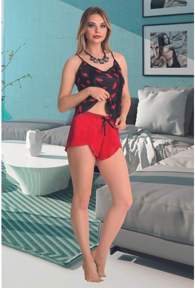 Bella Notte Kırmızı Dudak Desenli Askılı Seksi Şortlu  Takim 1022 Bella Notte Kırmızı Dudak Desenli Askılı Seksi Şortlu  Takim 1022