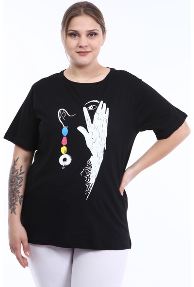 Petmudo Kadın Büyük Beden Baskılı Yarım Kol T-Shirt Siyah PLWM21TS005