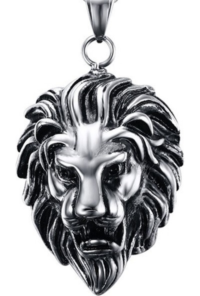 Solfera Kabartma Aslan Kafası Paslanmaz Çelik Erkek Kolye Zincir Q0554