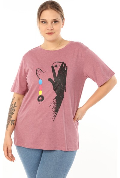 Petmudo Kadın Büyük Beden Baskılı Yarım Kol T-Shirt Açıkbordo PLWM21TS005