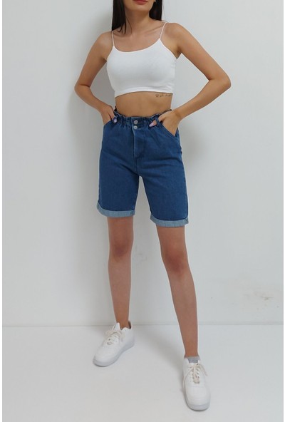 Bkmc Beli Lastikli Kot Şort Mavi Bkmc Beli Lastikli Kot Şort Mavi