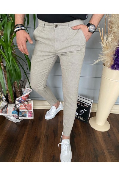 Ser Joven Erkek Slim Fit Bej Keten Pantolon