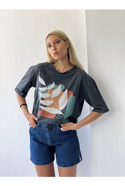 Retrobird Baskılı Tişört Kadın Antrasit