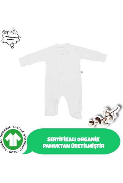 Beyaz Organik Pamuk Kendinden Eldivenli Fermuarlı Patikli Bebek Tulum Beyaz Organik Pamuk Kendinden Eldivenli Fermuarlı Patikli Bebek Tulum