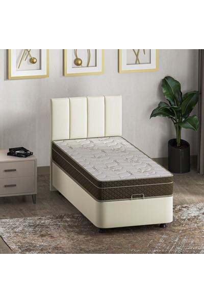 Mobpazar Nergis Baza+ Başlık+Flora Full Ortopedik Yatak Seti 100X200 cm Krem