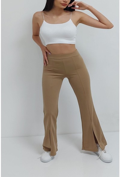 Stil Budur Yırtmaçlı Ispanyol Paça Pantolon Krem
