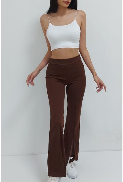 Stil Budur Yırtmaçlı Ispanyol Paça Pantolon Kahverengi