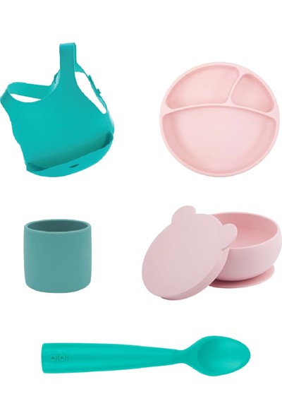 OiOi Silikon 5'li Beslenme Seti Yeşil Pembe