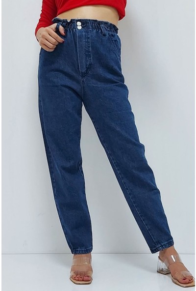 Stil Budur Beli Lastikli Kot Pantolon Mavi Stil Budur Beli Lastikli Kot Pantolon Mavi