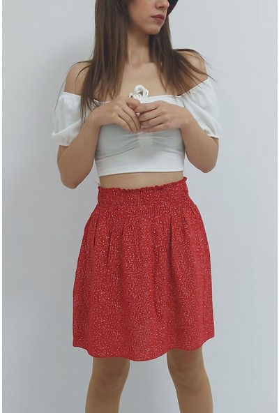 Stil Budur Beli Lastikli Desenli Etek Kırmızı Stil Budur Beli Lastikli Desenli Etek Kırmızı