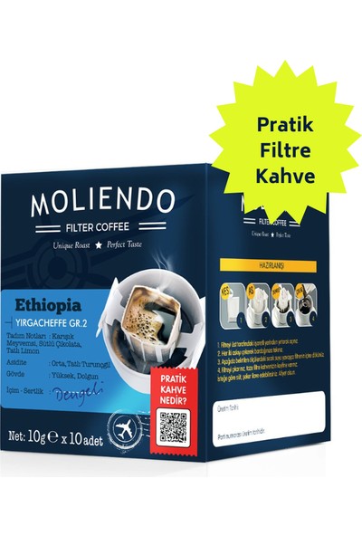 Moliendo Ethiopia Yirgacheffe Pratik Filtre Kahve 10X10 G