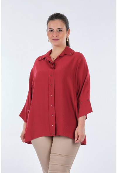 Desen Düz Yaka Yarasa Kol Kırmızı Kadın Gömlek 22122721