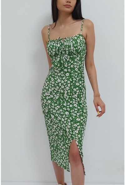 Stil Budur Yaka Bağcıklı Kaşkorse Elbise Yeşilçiçekli Stil Budur Yaka Bağcıklı Kaşkorse Elbise Yeşilçiçekli
