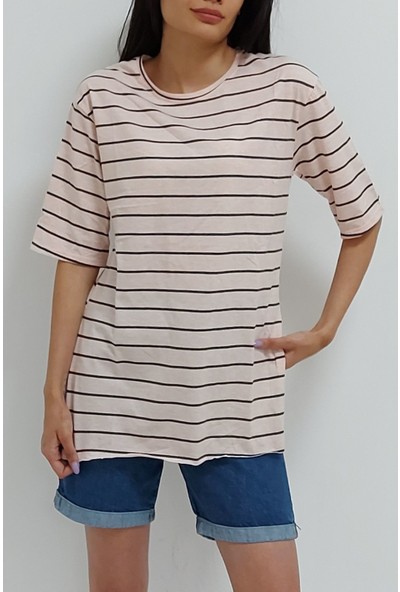 Stil Budur Çizgili Yırtmaçlı Tunik Krem
