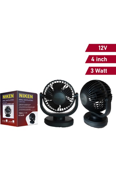 Niken Oto Vantilatör Küçük Tekli 12V 4 Inch Çakmak Girişli