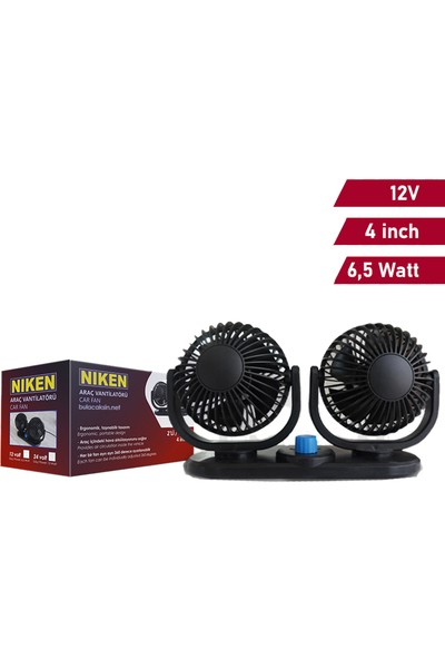 Niken Oto Vantilatör Çift Başlı 12V 4 Inch Çakmak Girişli