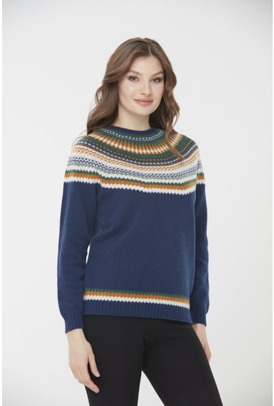 Desen Triko Kadın Sıfır Yaka Işleme Desenli Yün Kazak Indigo Desen Triko Kadın Sıfır Yaka Işleme Desenli Yün Kazak Indigo