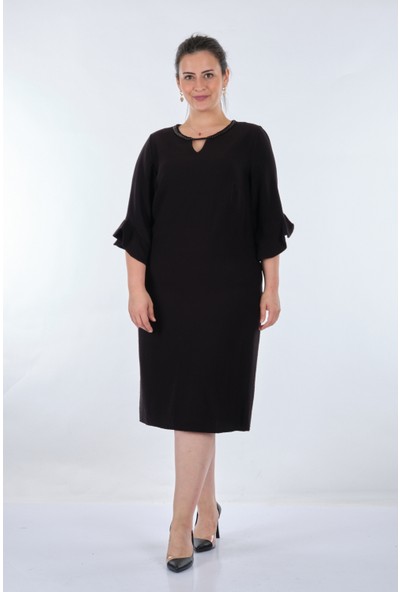 Desen Yuvarlak Yaka Truvakar Kol Siyah Kadın Elbise 22122723
