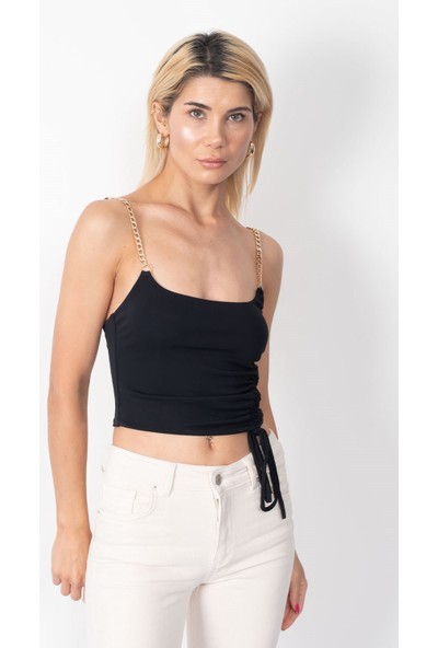 Dilvin Kadın Siyah Zincir Askılı Crop Bluz