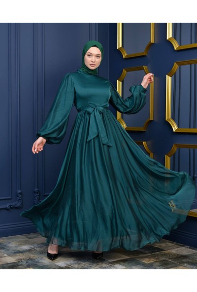 Poplin Tesettür Abiye Elbise Yeşil Janjan Şifon 2095 Poplin Tesettür Abiye Elbise Yeşil Janjan Şifon 2095