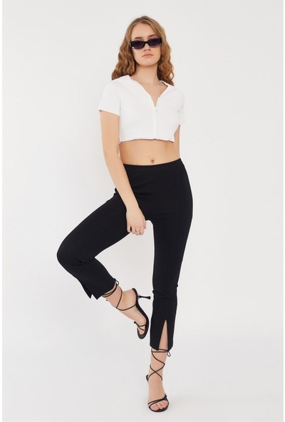 Siyah Paçası Yırtmaçlı Yüksek Bel Pantolon