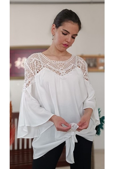 Yagmur Beren Belden Baglamalı Bol Kesim Ispanyol Kol Bluz