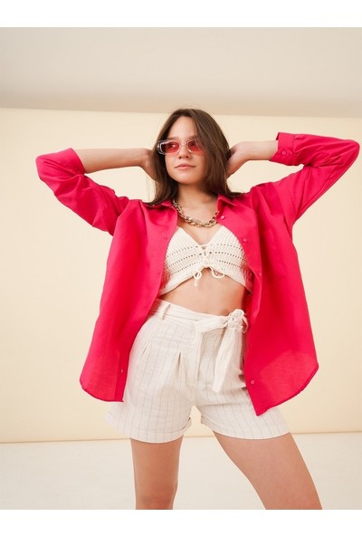 Eylül Moda Kadın Gömlek Ön Kısa Arka Uzun Tek Çep Gömlek