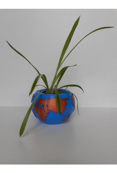 Minikse Dekoratif Bakır Mavi Dünya Saksı ve Kurdele Çiçeği