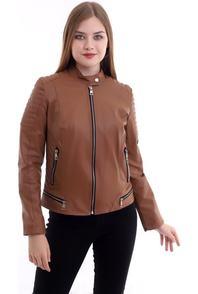 Yanı Fermuarlı Düz Kadın Deri Ceket Mont Kahve DCSB7511K