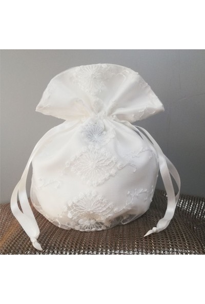 Şanel Handmade Shop Gk-55 Dikine Desenli Kırık Beyaz Gelin Kesesi Gelin Çantası Takı Kesesi Altın Kesesi
