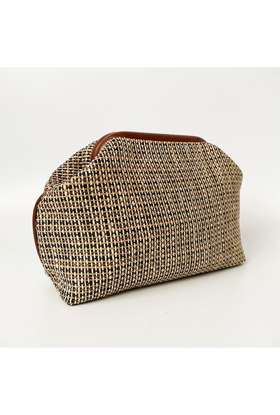 Heybes Kadın Kahve Biyeli Çizgili Jüt Hasır Clutch El Çantası Heybes Kadın Kahve Biyeli Çizgili Jüt Hasır Clutch El Çantası