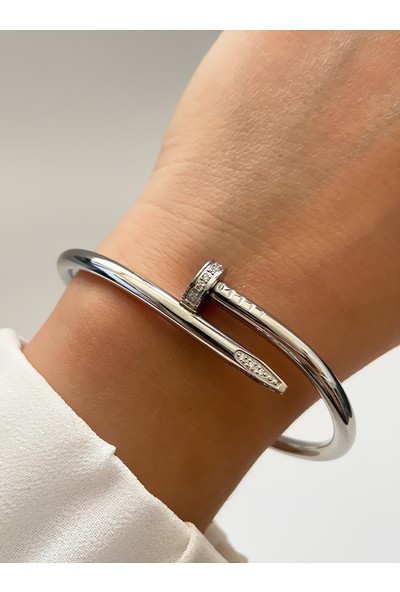 Sgaccessory Silver Zirkon Taşlı Çelik Kadın Çivi Model Kelepçe Bilezik