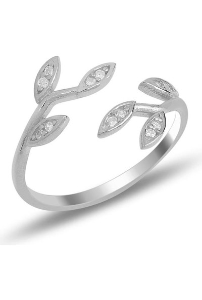 Söğütlü Silver Gümüş Rodyumlu Zirkon Taşlı Üstten Ayarlamalı Yaprak Yüzük