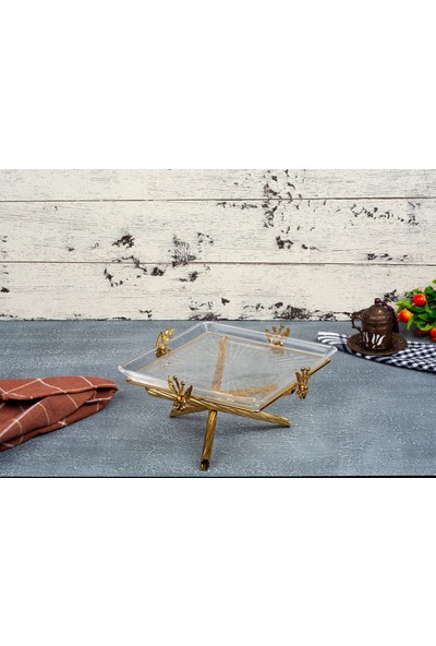 HGüneyli Büyük Kare Nudel Burgulu Ayaklı Çiçekli Kristal Sunumluk