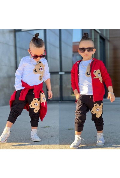 BY Asaf Kids Erkek Çocuk Ayıcıklı 3 Lü Takım Kırmızı