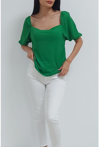 İnobag Kare Yaka Balon Kol Bluz Yeşil