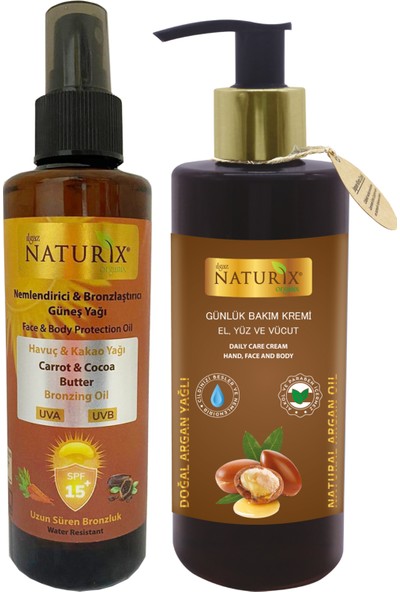 Naturix Kakao & Havuç Yağı Spf 15 Yoğun Bronzlaştırıcı Yağ 200 ml Sprey + Argan Yağlı Günlük Bakım Kremi El, Yüz Vücut Losyonu 250 ml Naturix Kakao & Havuç Yağı Spf 15 Yoğun Bronzlaştırıcı Yağ 200 ml Sprey + Argan Yağlı Günlük Bakım Kremi El, Yüz Vücut Losyonu 250 ml