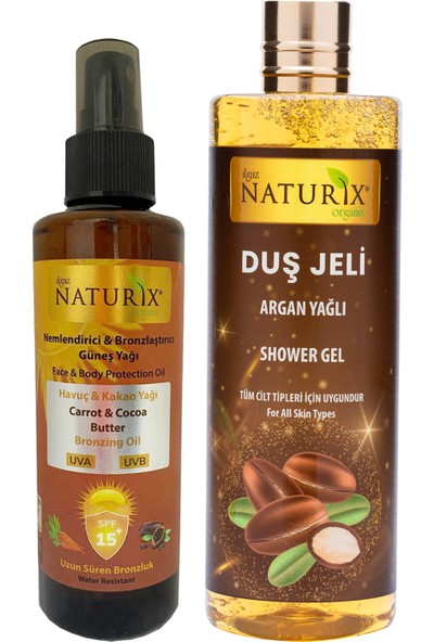 Naturix Kakao & Havuç Yağı Spf 15 Yoğun Bronzlaştırıcı Yağ 200 ml Sprey + Argan Yağlı Duş Jeli Paraben Fosfat Içermez 400 ml Naturix Kakao & Havuç Yağı Spf 15 Yoğun Bronzlaştırıcı Yağ 200 ml Sprey + Argan Yağlı Duş Jeli Paraben Fosfat Içermez 400 ml