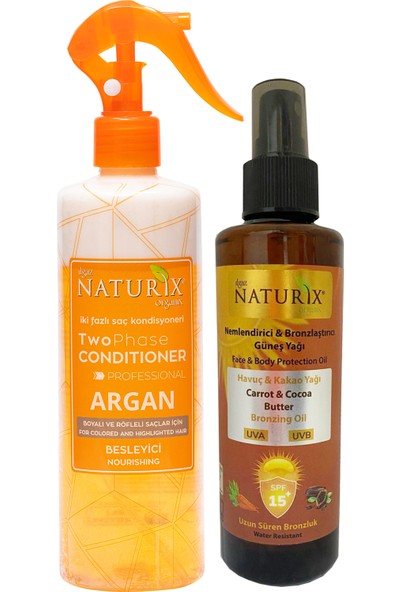 Naturix Kakao & Havuç Yağı Spf 15 Yoğun Bronzlaştırıcı Yağ 200 ml Sprey + Argan Yağlı Fön Suyu Iki Fazlı Sıvı Saç Kremi 400 ml Naturix Kakao & Havuç Yağı Spf 15 Yoğun Bronzlaştırıcı Yağ 200 ml Sprey + Argan Yağlı Fön Suyu Iki Fazlı Sıvı Saç Kremi 400 ml
