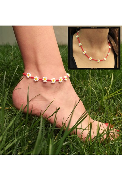 Tükkan Accessories Turuncu Boncuk Papatya Detay Kolye Halhal 2 Li Set