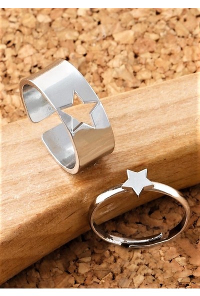 Tükkan Accessories Gümüş Kaplama Ayarlanabilir Yıldız Figür Arkadaş Sevgili Çift Yüzüğü