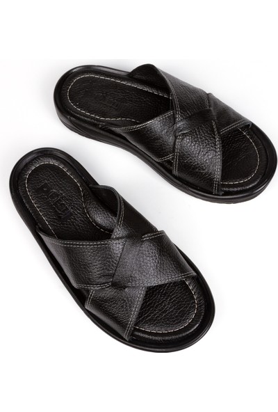 Hakiki Deri Çapraz Siyah Erkek Terlik