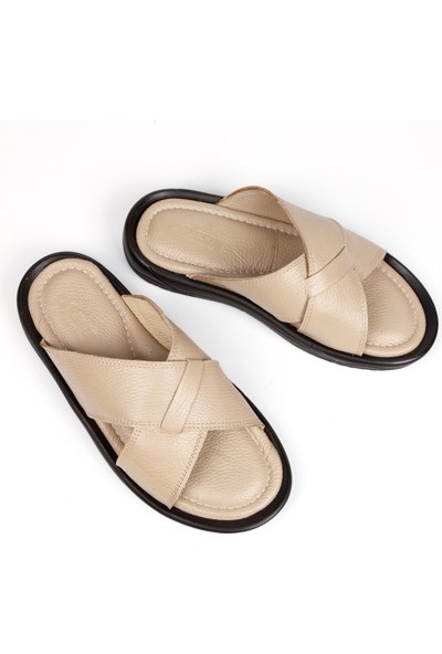 Prestij Deri Çapraz Bej Erkek Terlik